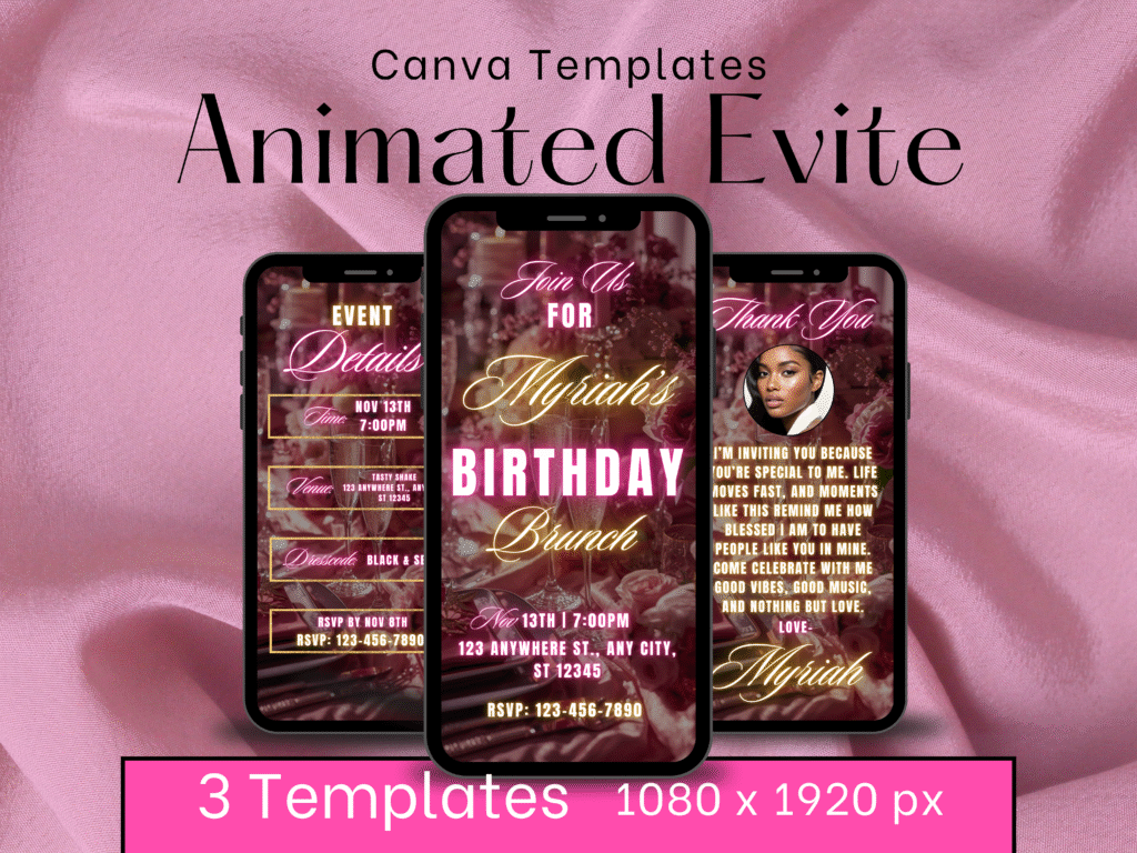 Animated Birthday Evite Template for Canva – 3 Pink/Gold Elegant Mobile ...